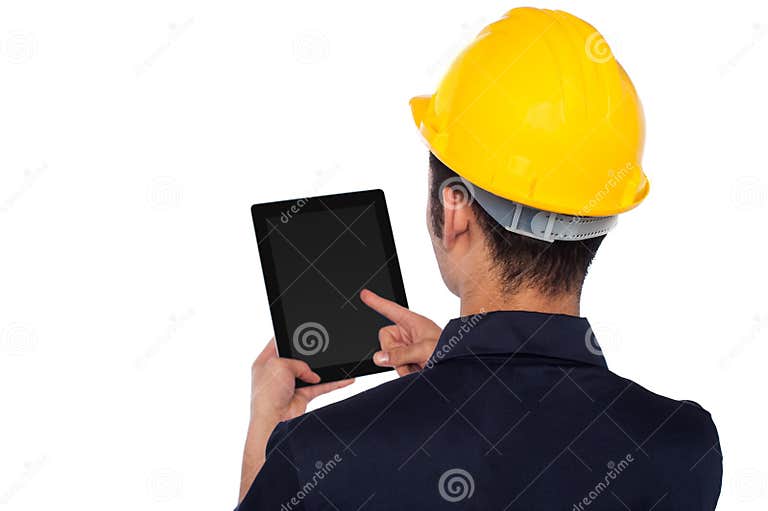 Worker Operating Tablet Device, Back Pose Stock Photo - Image of helmet ...