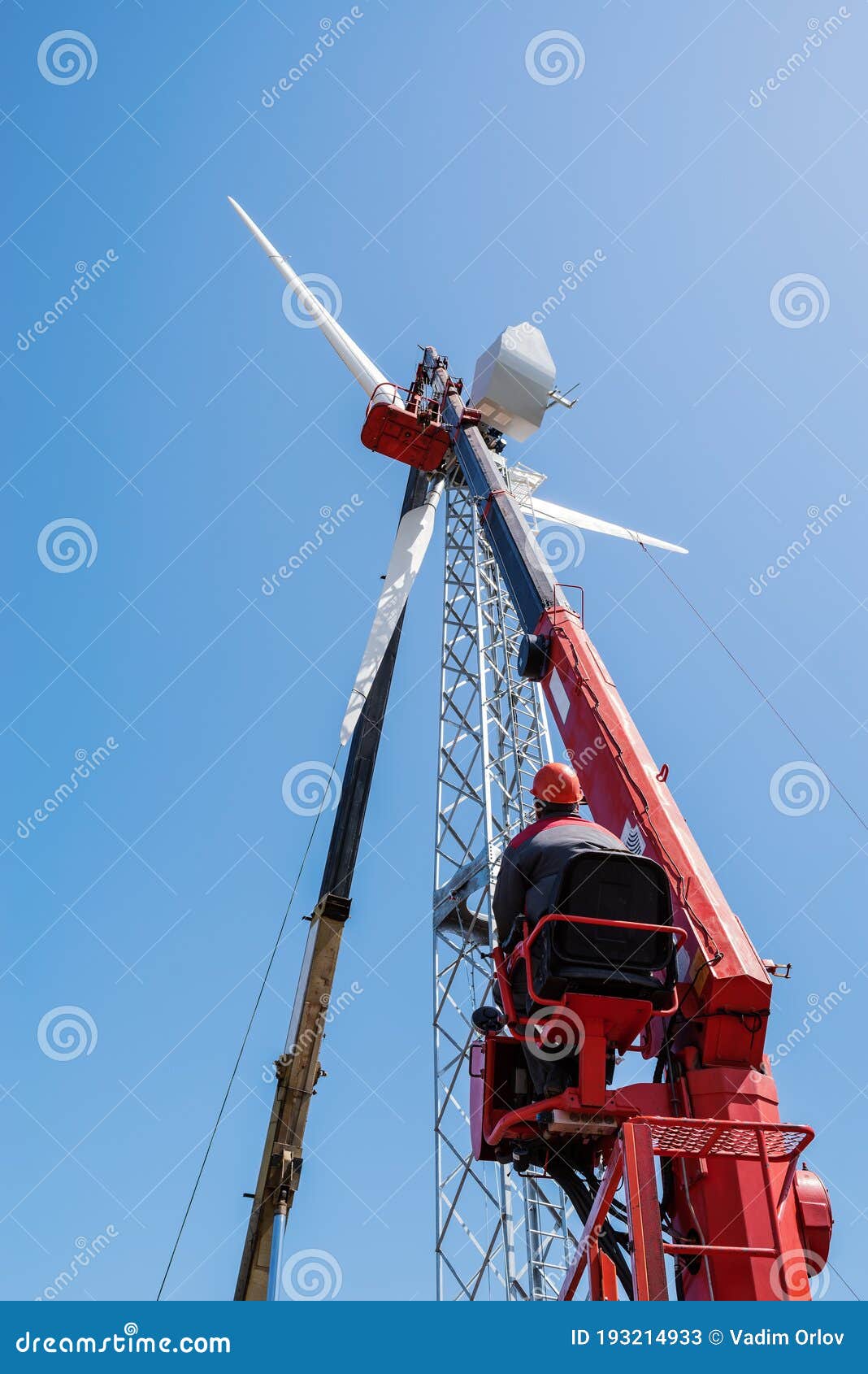 Worker Operator of the Aerial Platform at the Workplace. Installation ...