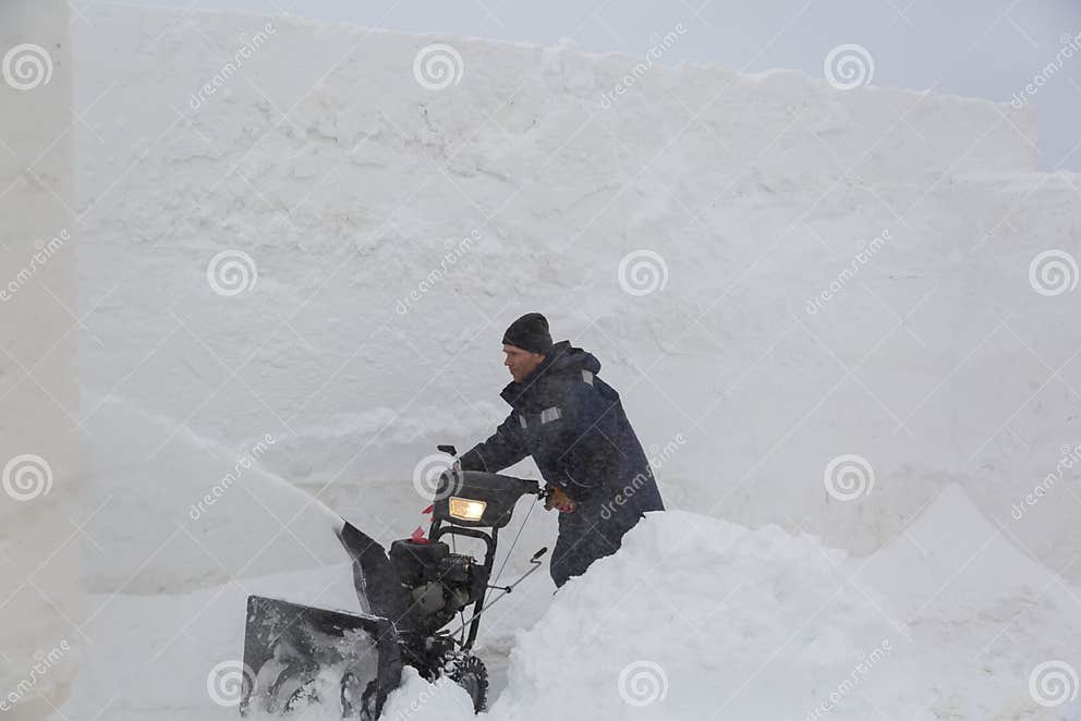 Worker Operator Snow Plow on Snow Removal Stock Image - Image of river ...