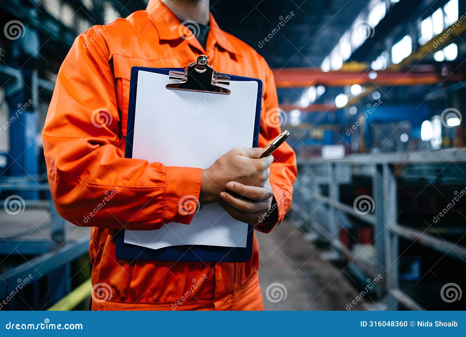 Worker in Orange Uniform with Clipboard in Industrial Setting for ...