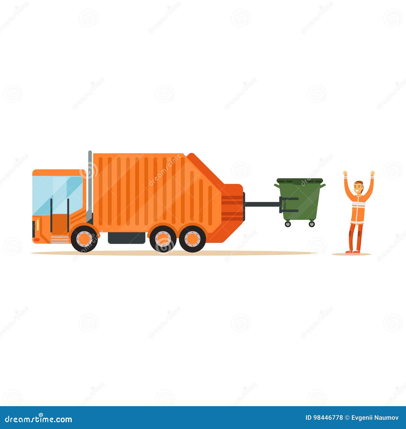 Worker In Orange Uniform Loading Recycle Bin Into Garbage Collector ...