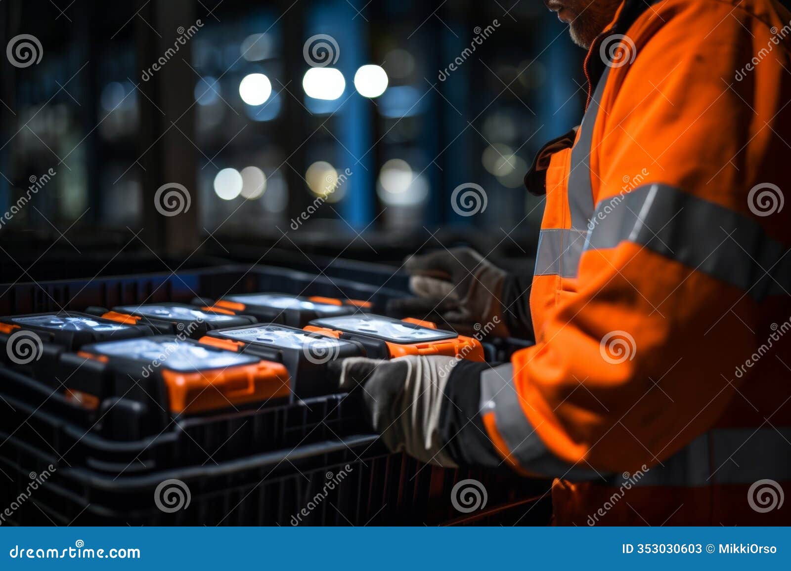 Worker in Orange Vest Handles Battery Pack in Modern Warehouse with ...