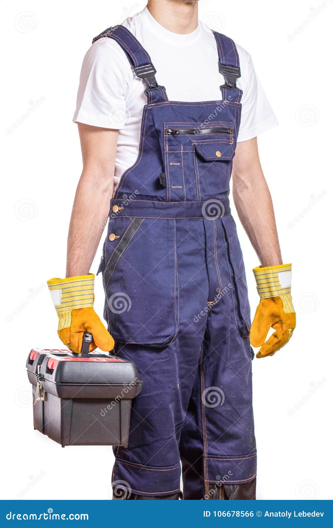 Worker in Overalls with Case Stock Photo - Image of gesture, company ...