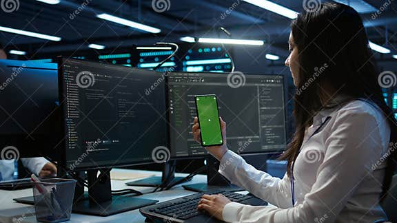 Worker Overseeing Data Center Using Green Screen Mobile Phone Stock ...