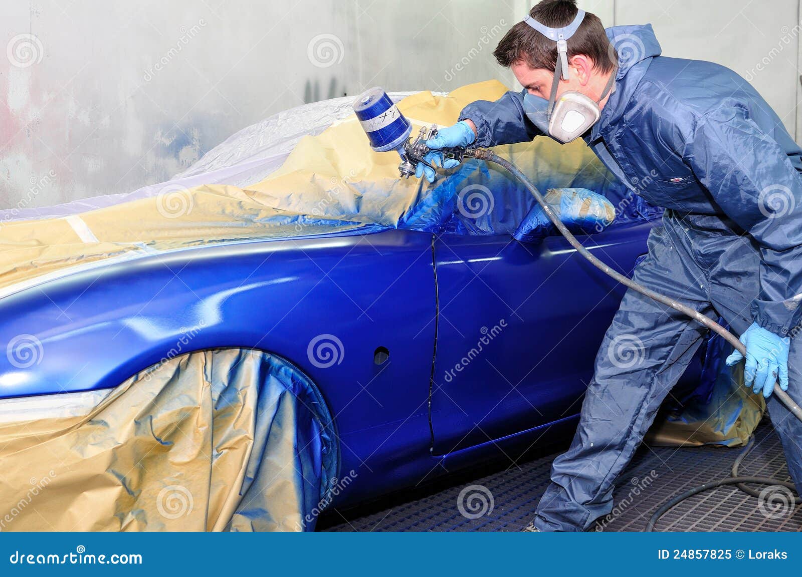 Worker Painting a Blue Car. Stock Image - Image of smart, service: 24857825