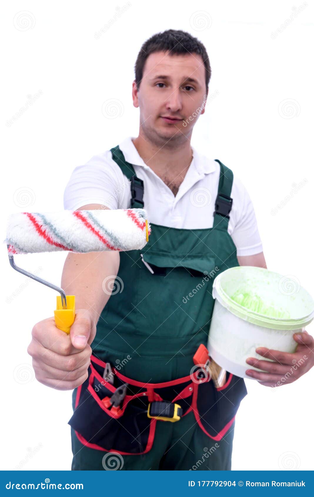 Worker with Painting Tools Isolated on White Stock Photo - Image of ...