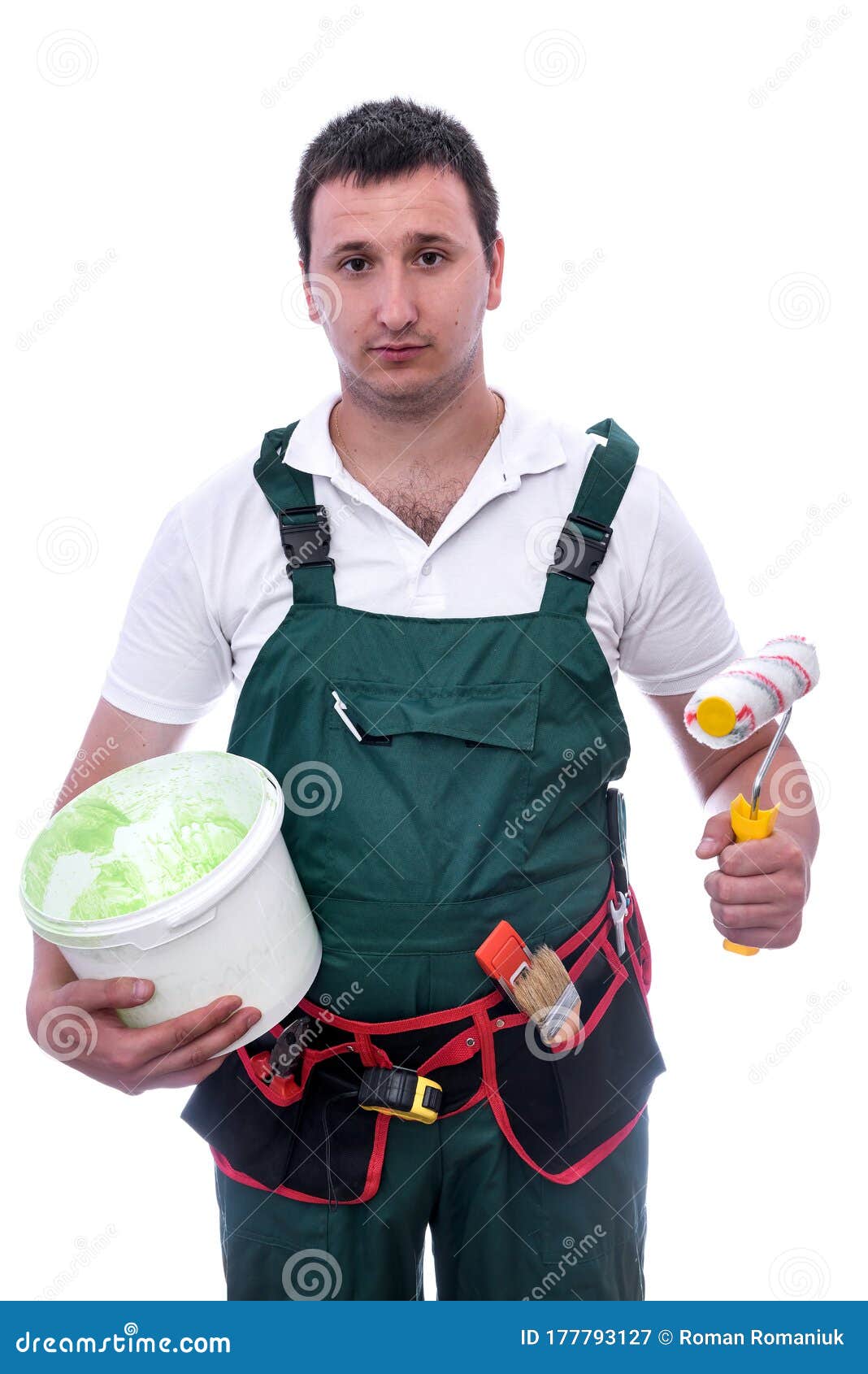 Worker with Painting Tools Isolated on White Stock Image - Image of ...