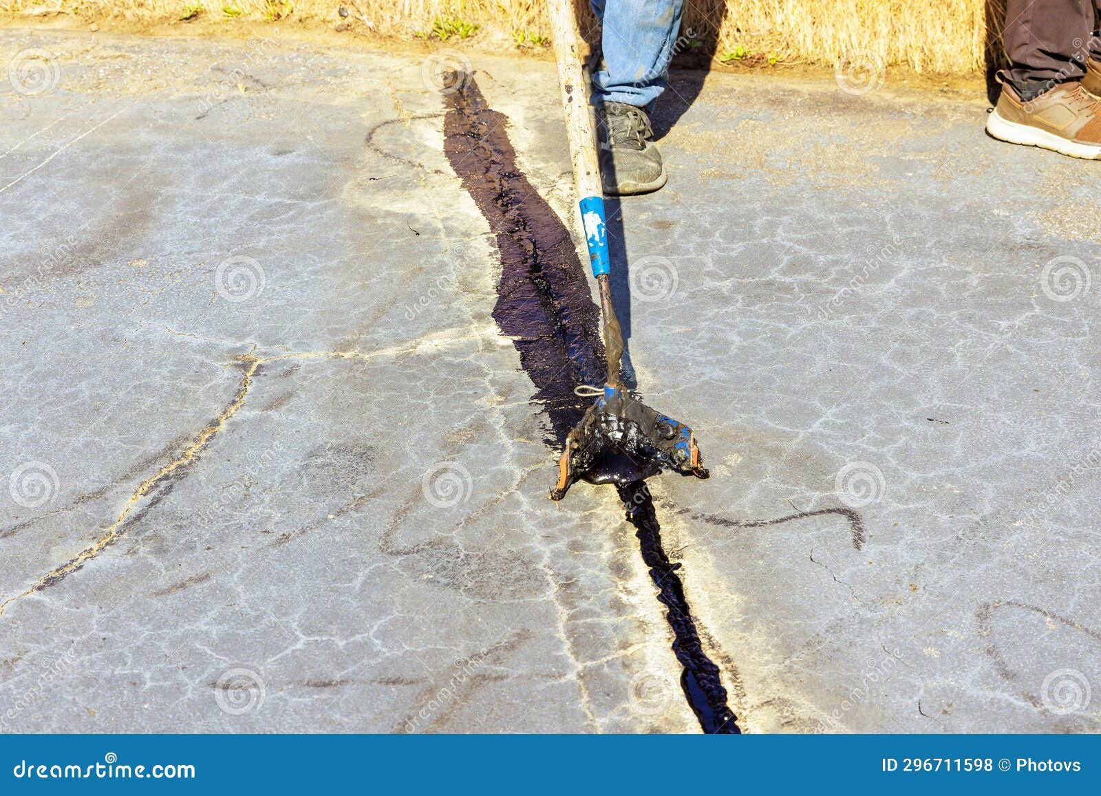 Worker Patcher Performs Coating, Crack Sealing, Bitumen Emulsion Road ...