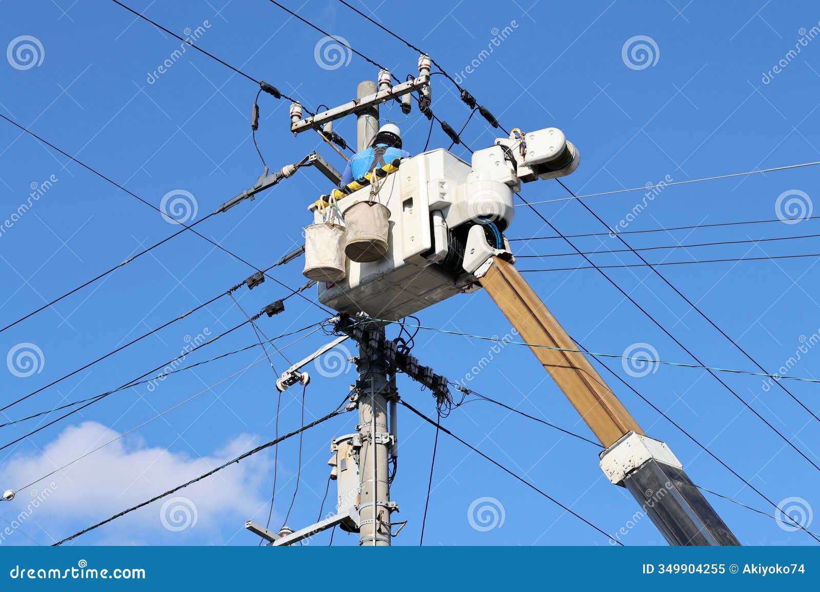 Worker Performing Utility Pole Wiring Work Stock Image - Image of work ...