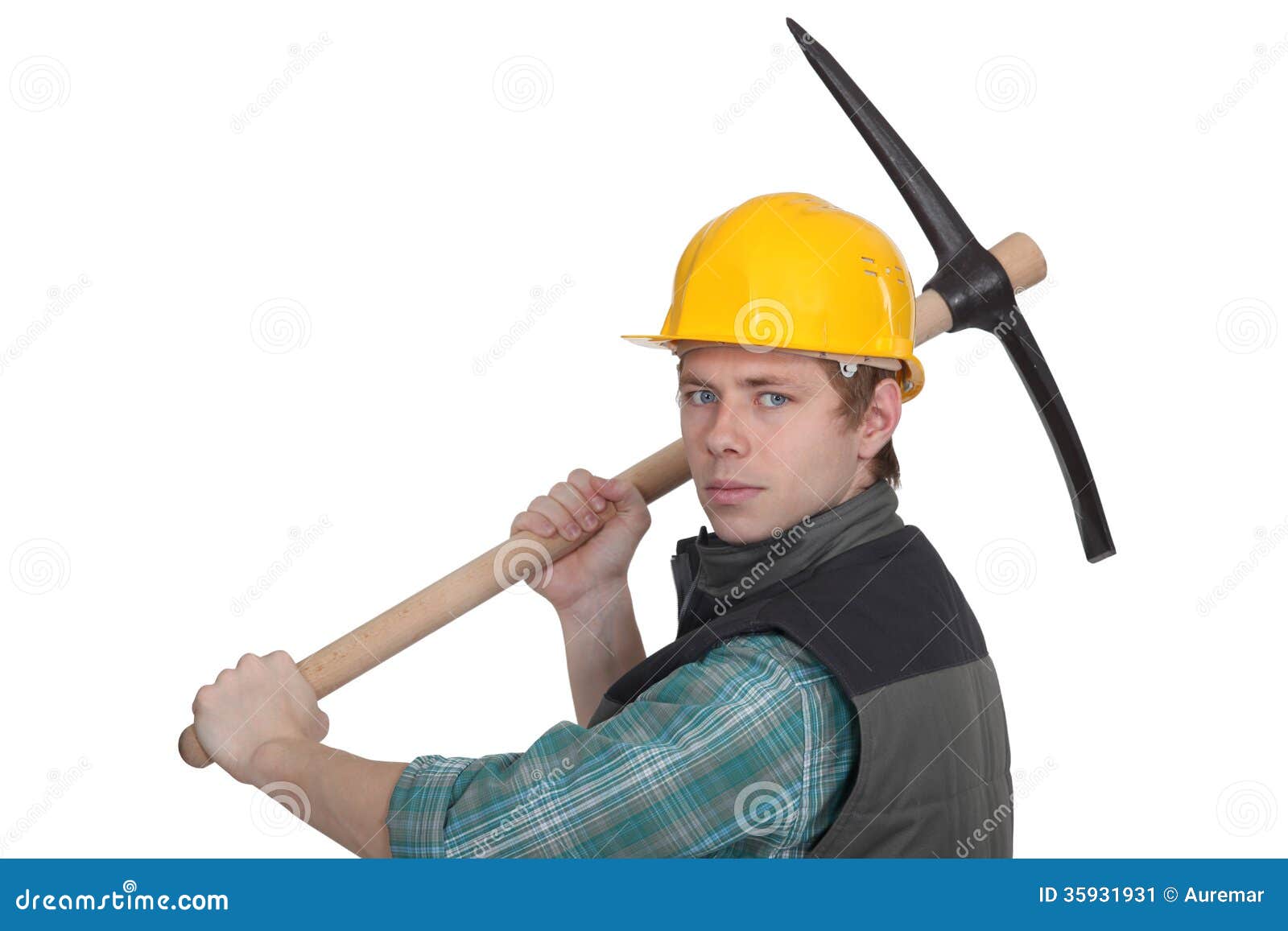 Worker with a pickaxe stock image. Image of macho, employee - 35931931