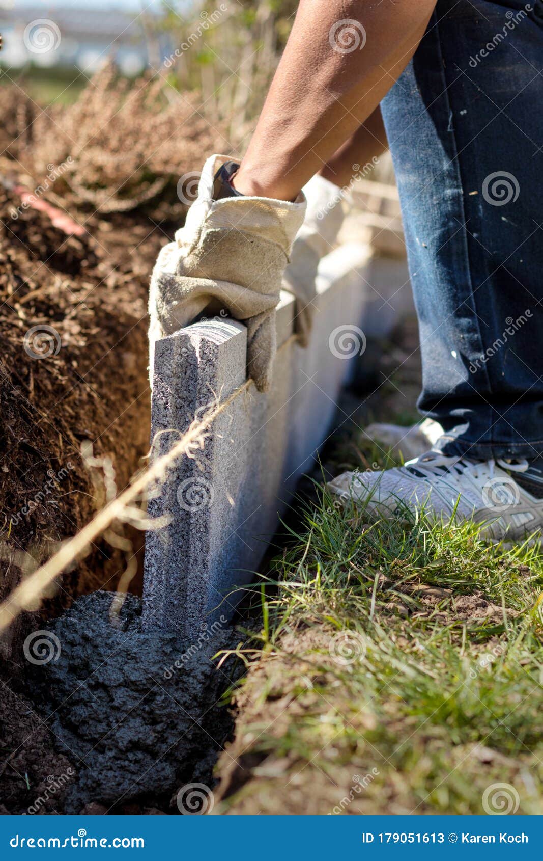 Worker Placing a Curb into a Trench Stock Image - Image of gardening ...