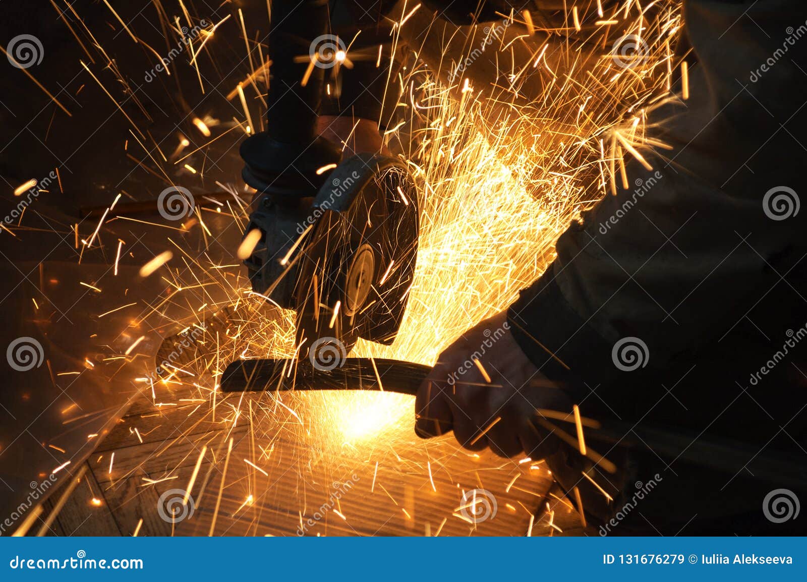 Worker at Plant. Sparks during Operation of Equipment Stock Image ...