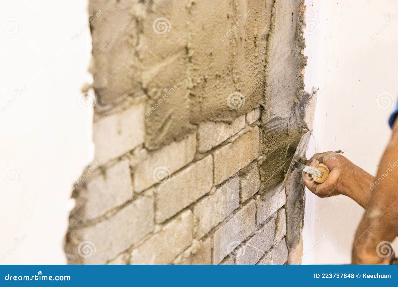 Worker Plastering Cement Mortar on Brick Wall with Trowel Stock Photo ...