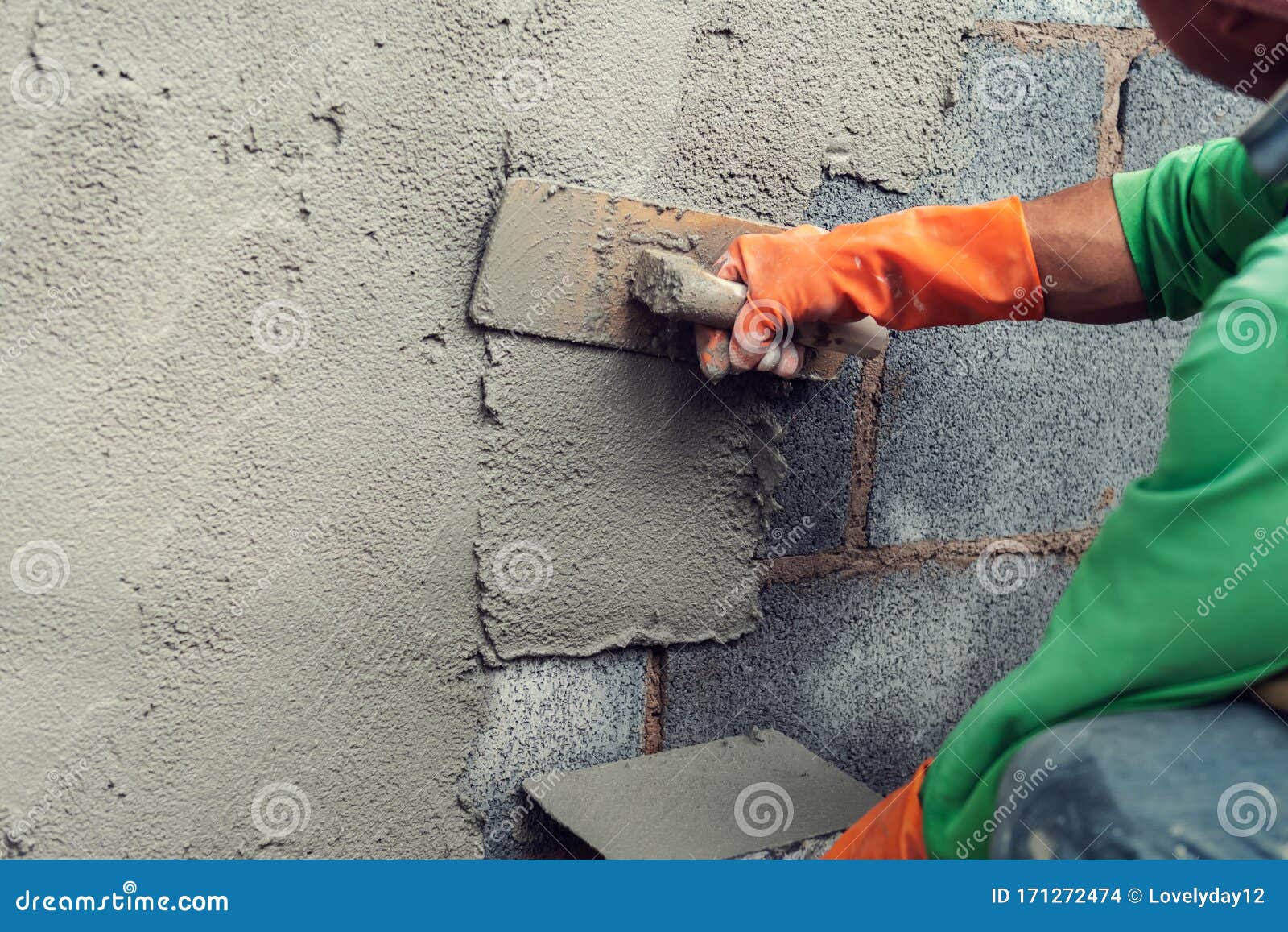 Worker Plastering Stack Lightweight Concrete Block, Foamed Concrete ...