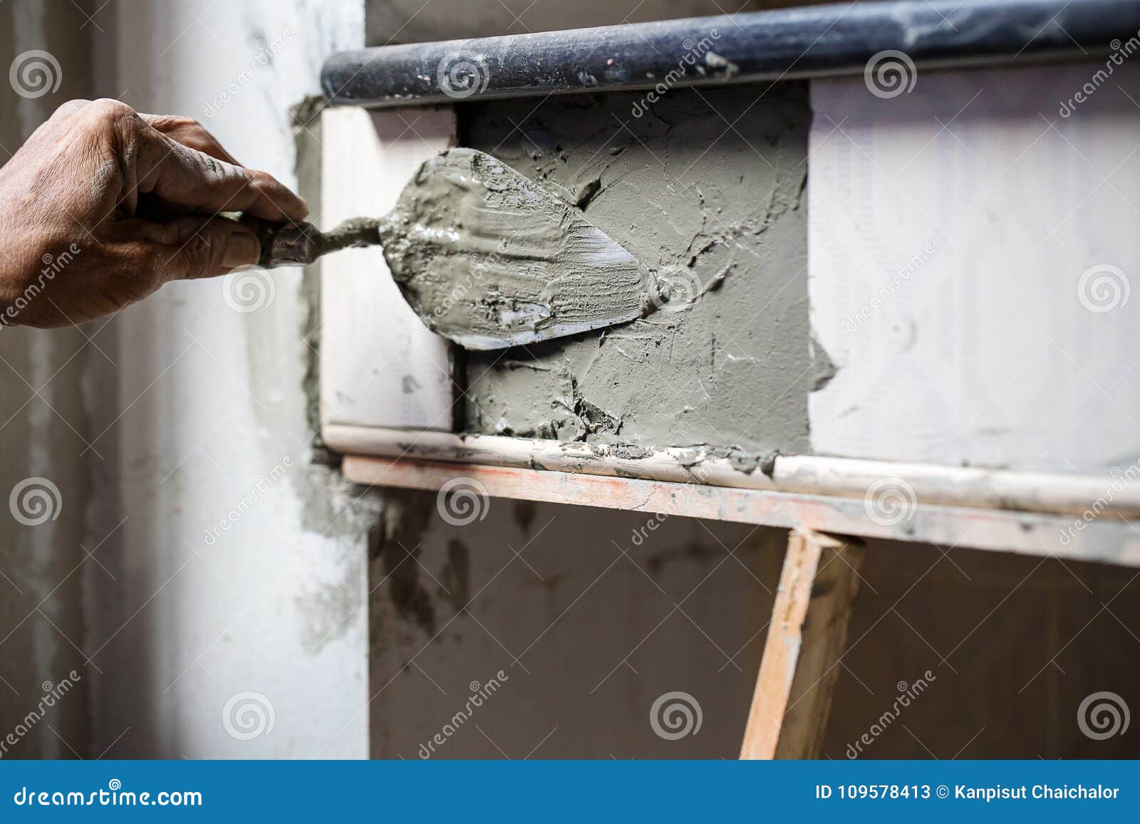 Worker is Plastering Cement on the Wall. Stock Image - Image of hand ...