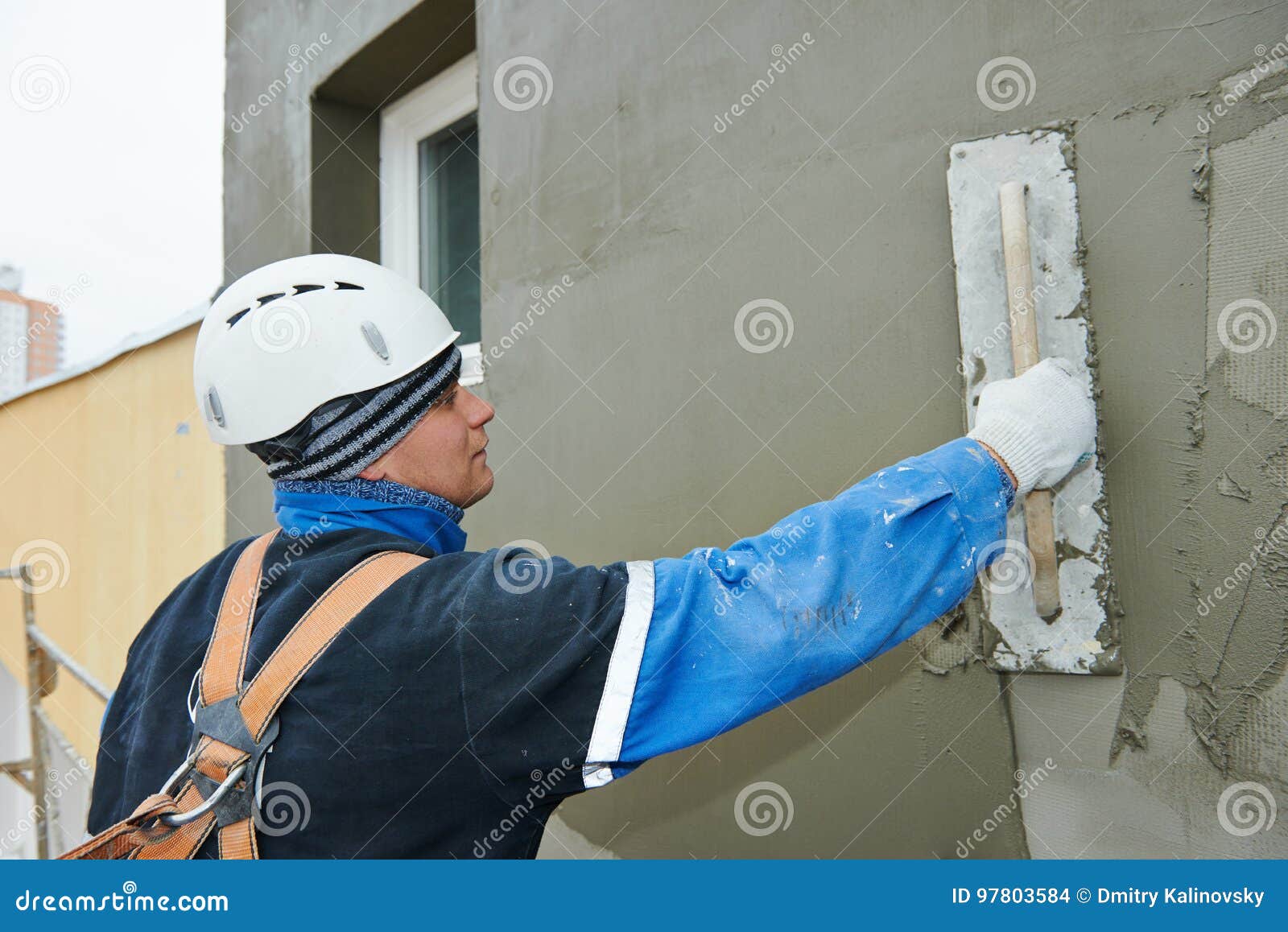 Worker at Plastering Facade Work Stock Photo - Image of building ...