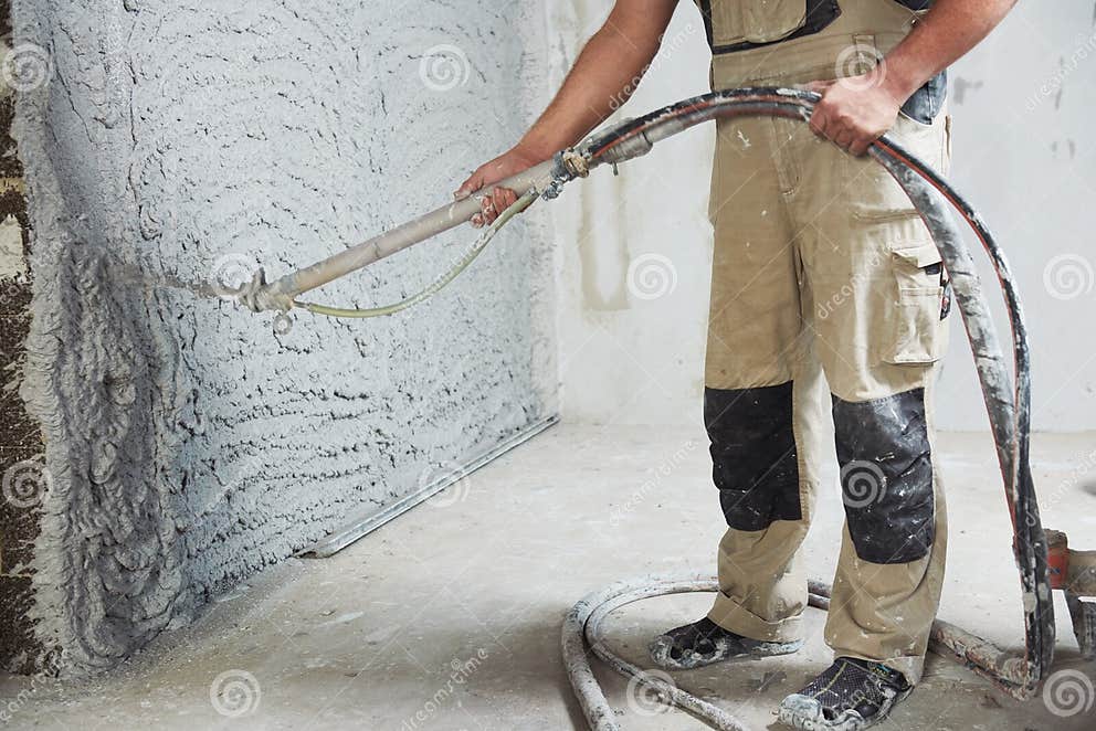 Plastering the Interior Wall with an Automatic Spraying Plaster Pump ...
