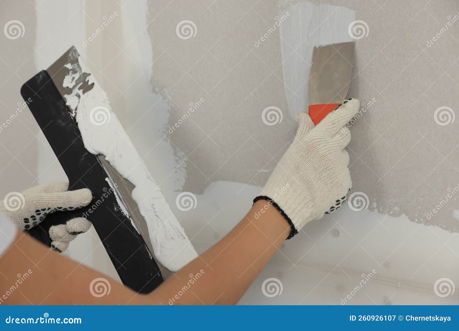 Worker Plastering Wall with Putty Knives, Closeup Stock Image - Image ...
