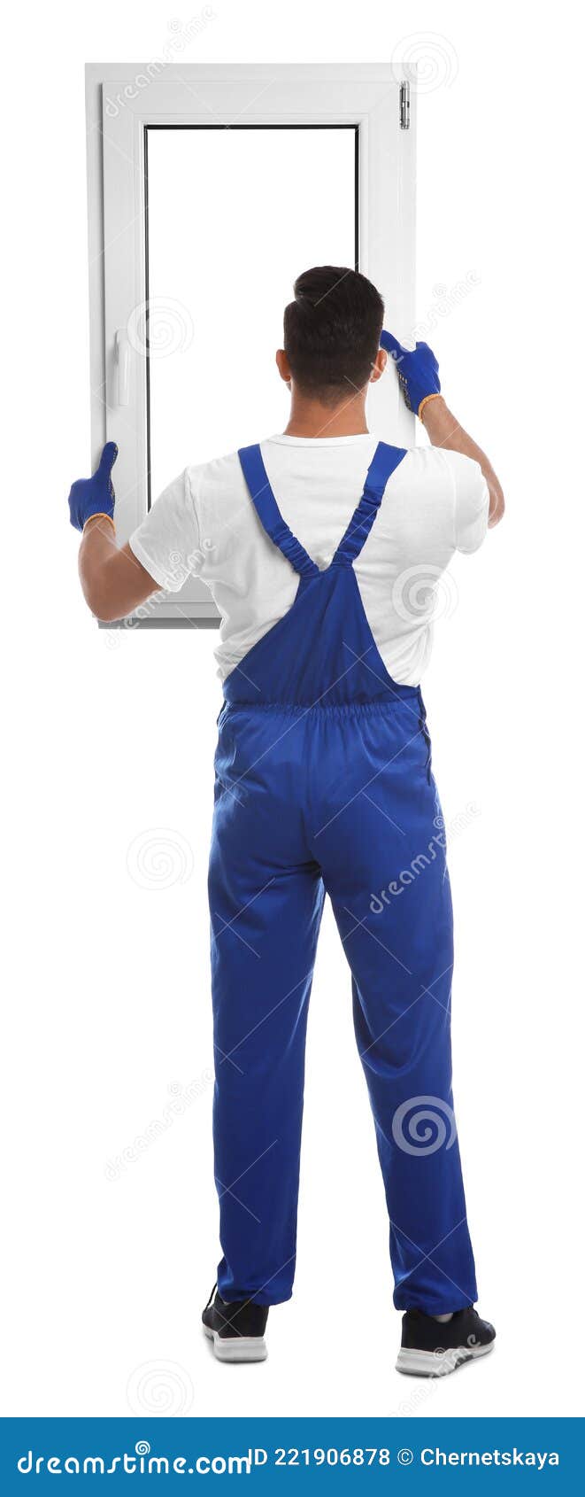 Worker with Plastic Window on White Background, Back View. Installation ...