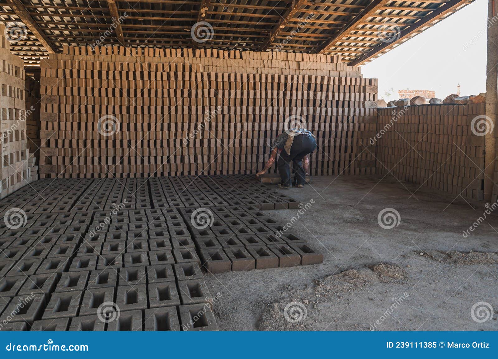 Worker Pours the Mixture of Mud, Sand and Sawdust Over Molds for Making ...