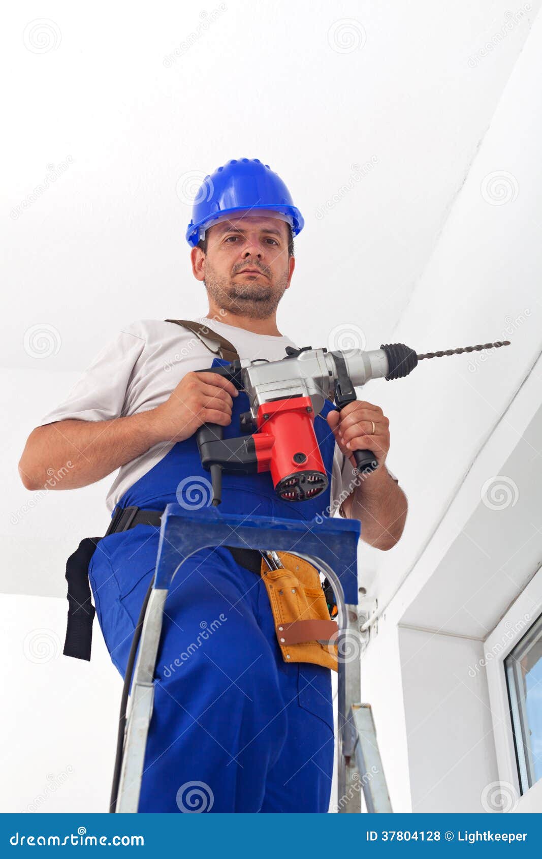 Worker with Power Drill Standing on Ladder Stock Photo - Image of ...