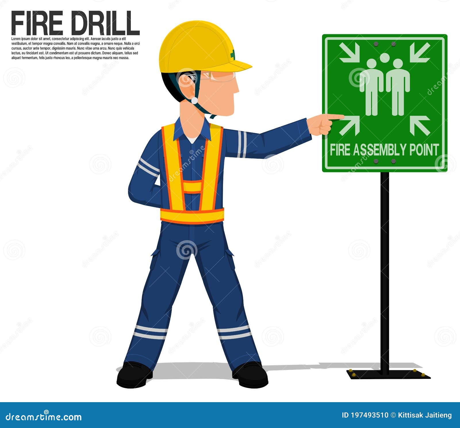 A Worker is Presenting the Fire Assembly Point Sign Stock Vector ...