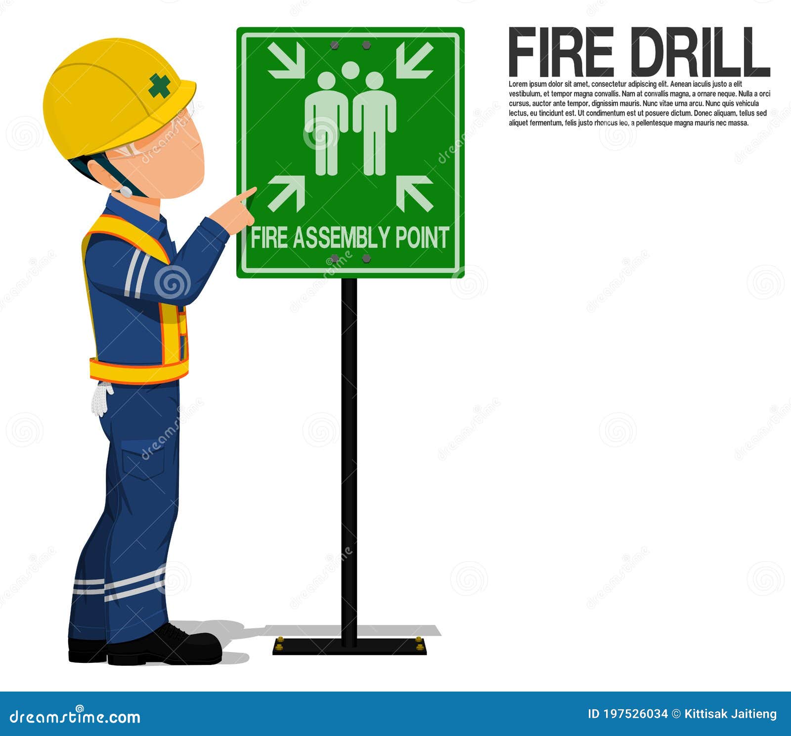 A Worker is Presenting the Fire Assembly Point Sign Stock Vector ...