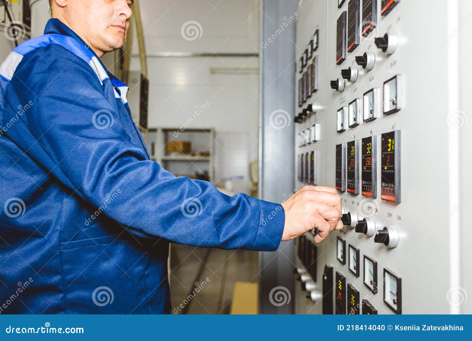 A Worker Presses a Button and Starts an Automatic Manufacturing Process ...