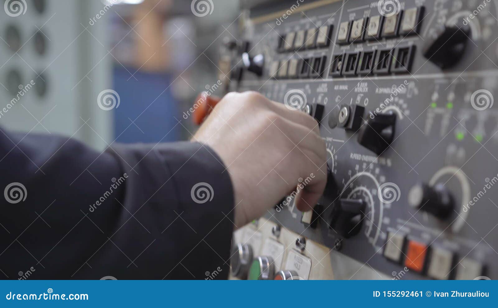 The Worker Presses the Buttons of the Old Control Panel with the ...