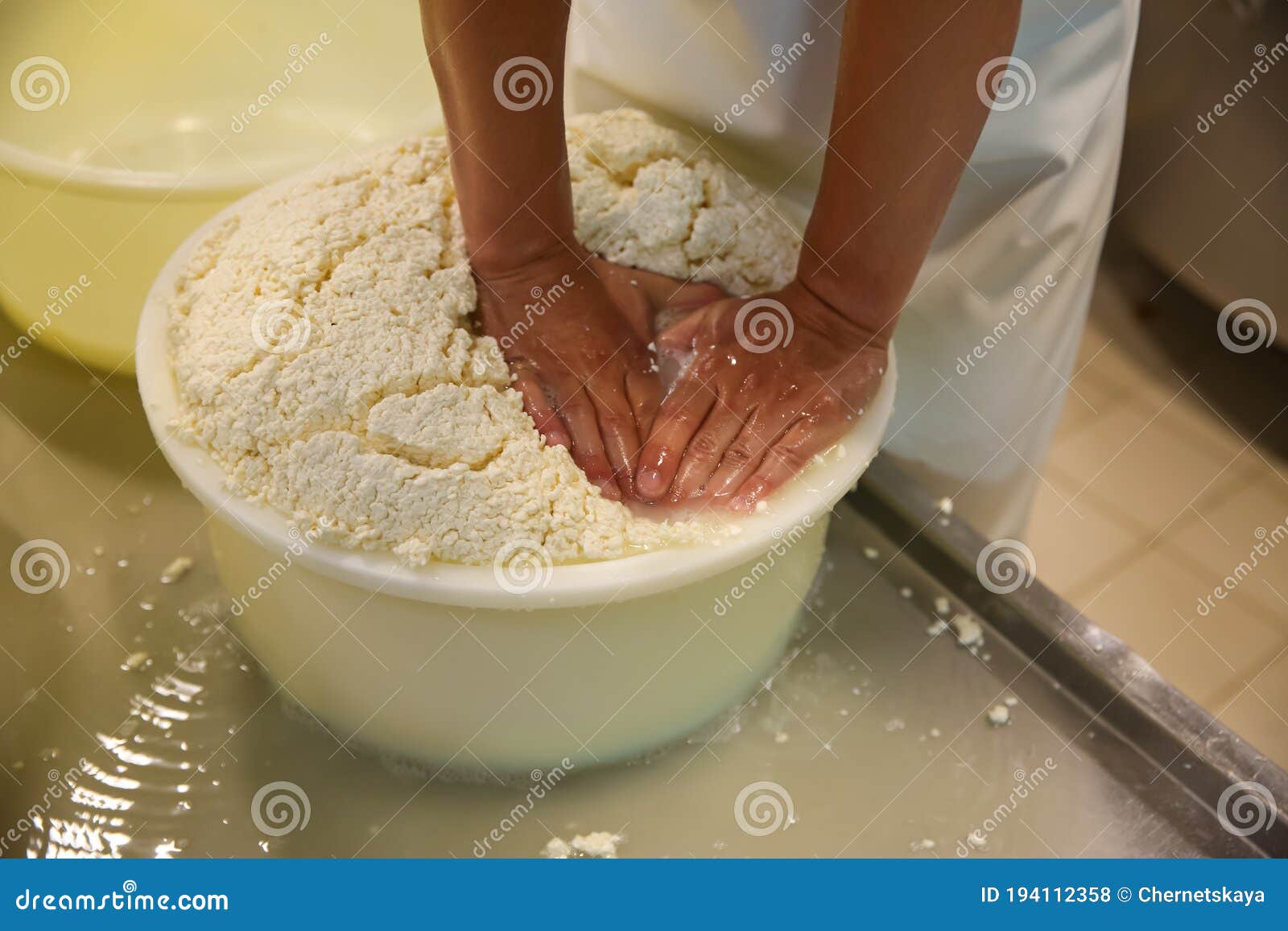 Worker Pressing Curd into Mould at Cheese Factory Stock Photo - Image ...