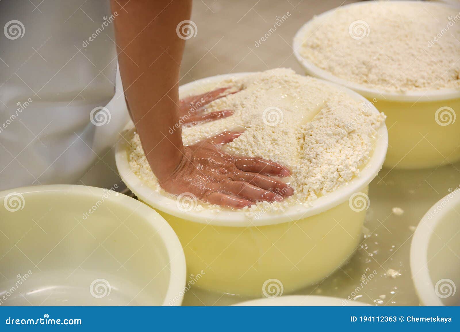 Worker Pressing Curd into Mould at Cheese Factory Stock Image - Image ...