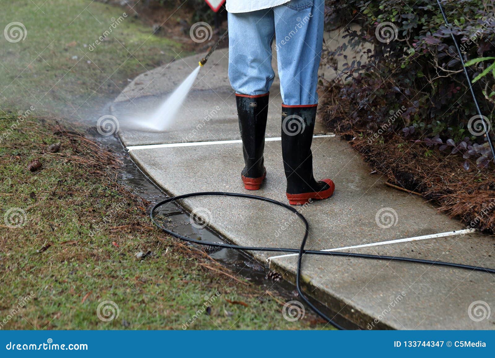 Worker Pressure Washing Sidewalk Stock Image - Image of concrete, high ...