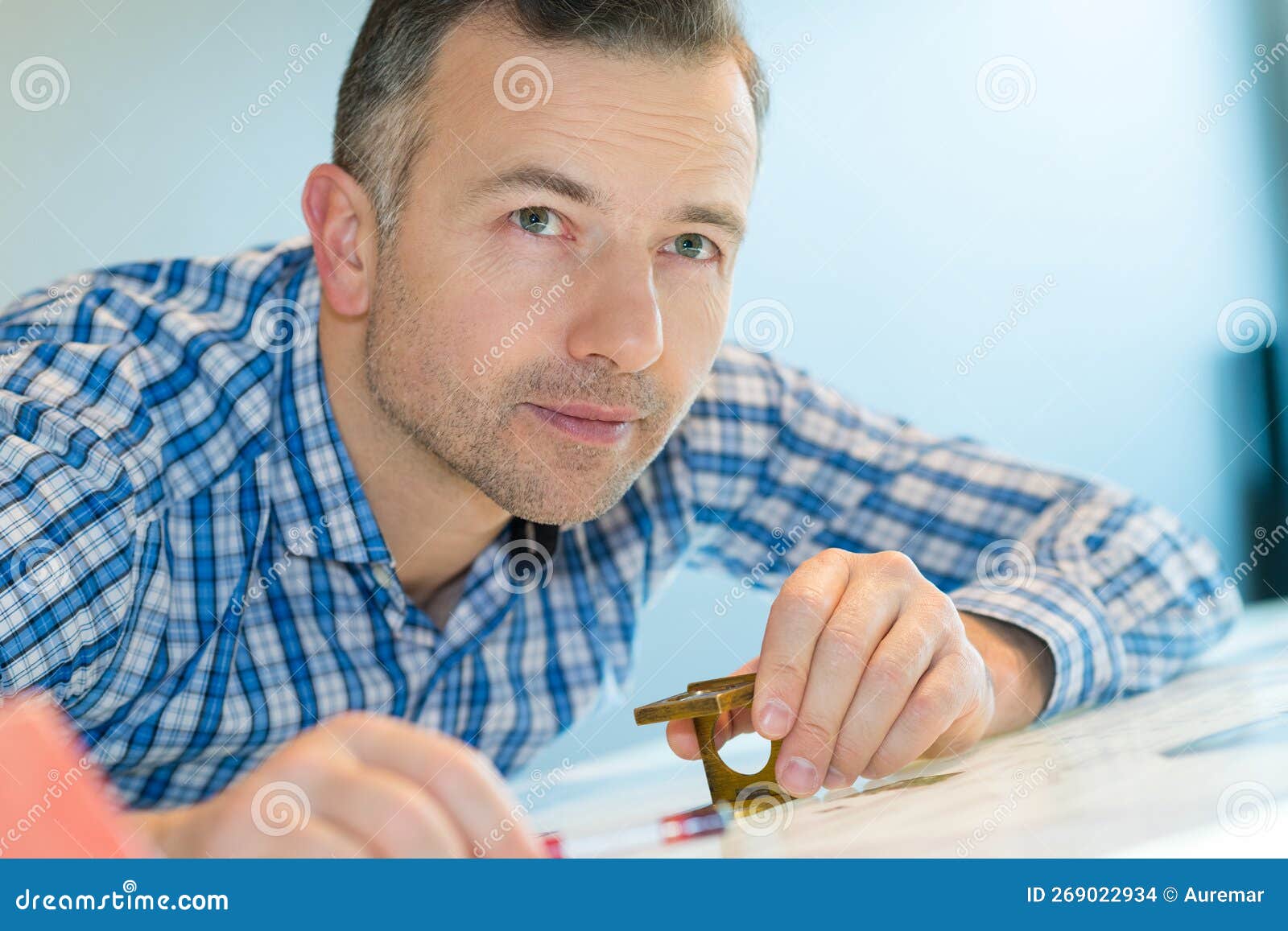 Worker in Printing Center Uses Magnifying Glass Stock Photo - Image of ...