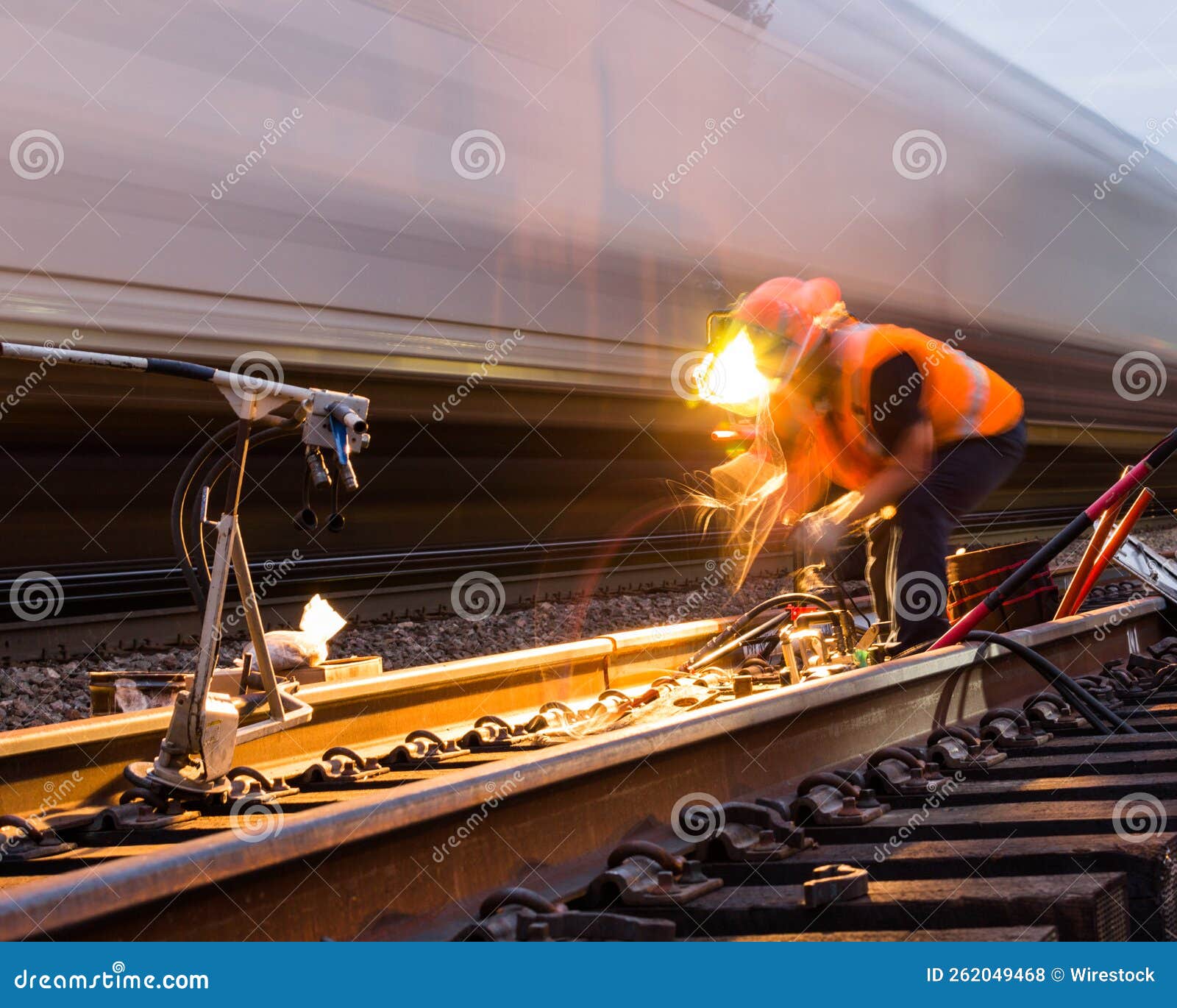 Worker in the Process of Railroad Track Weld Repair with a Freight ...