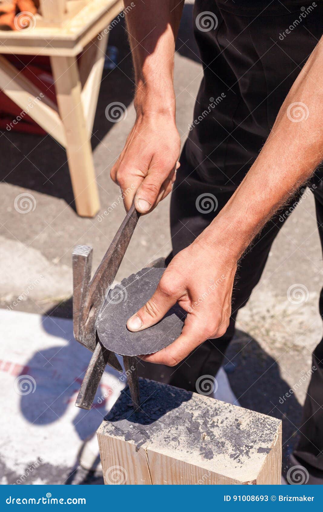 Worker Produces Roofing Slate Using a Slate Hammer. Stock Image - Image ...
