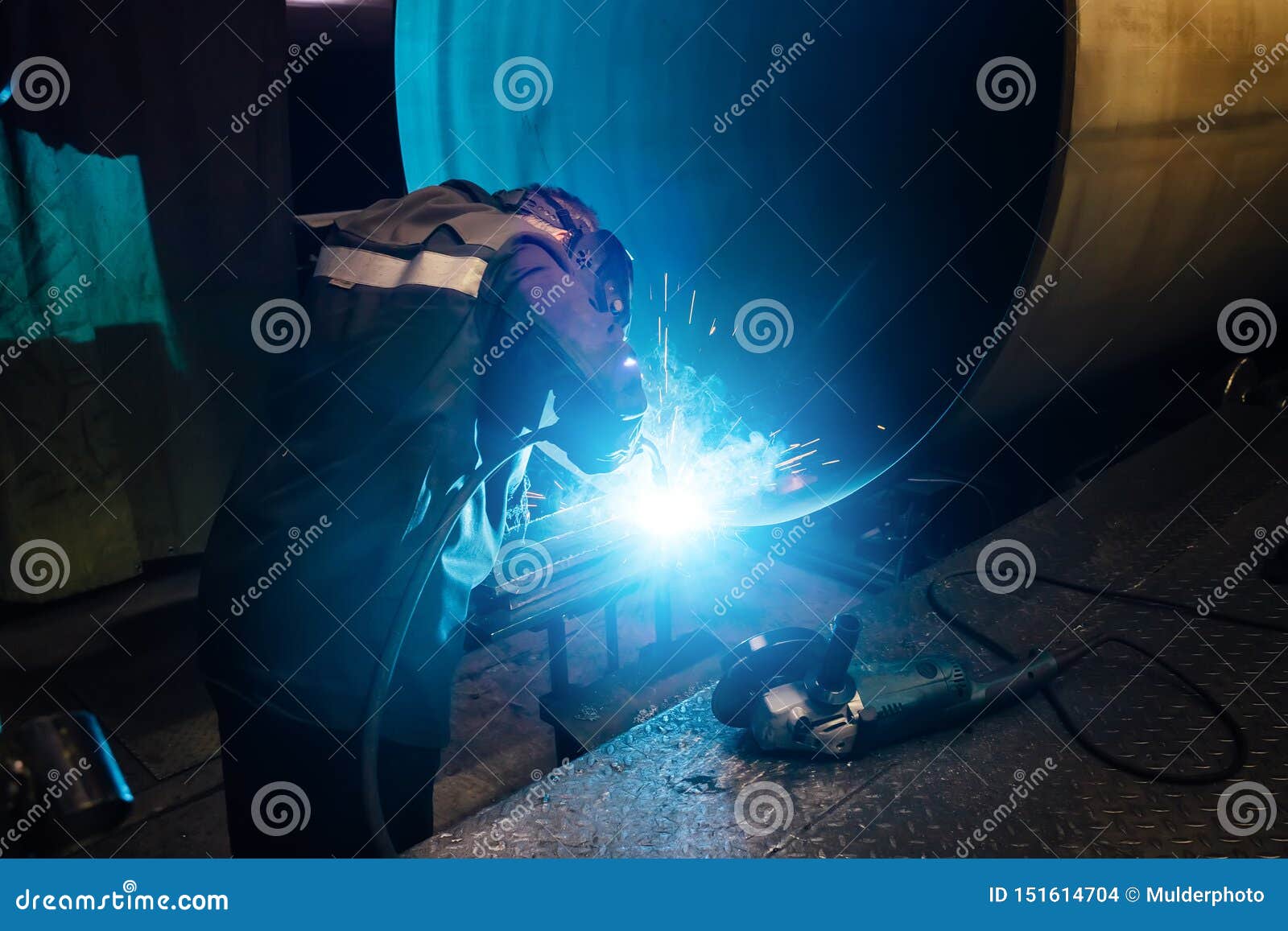 Worker in Protective Mask Welding Pipe in Factory Stock Photo - Image ...