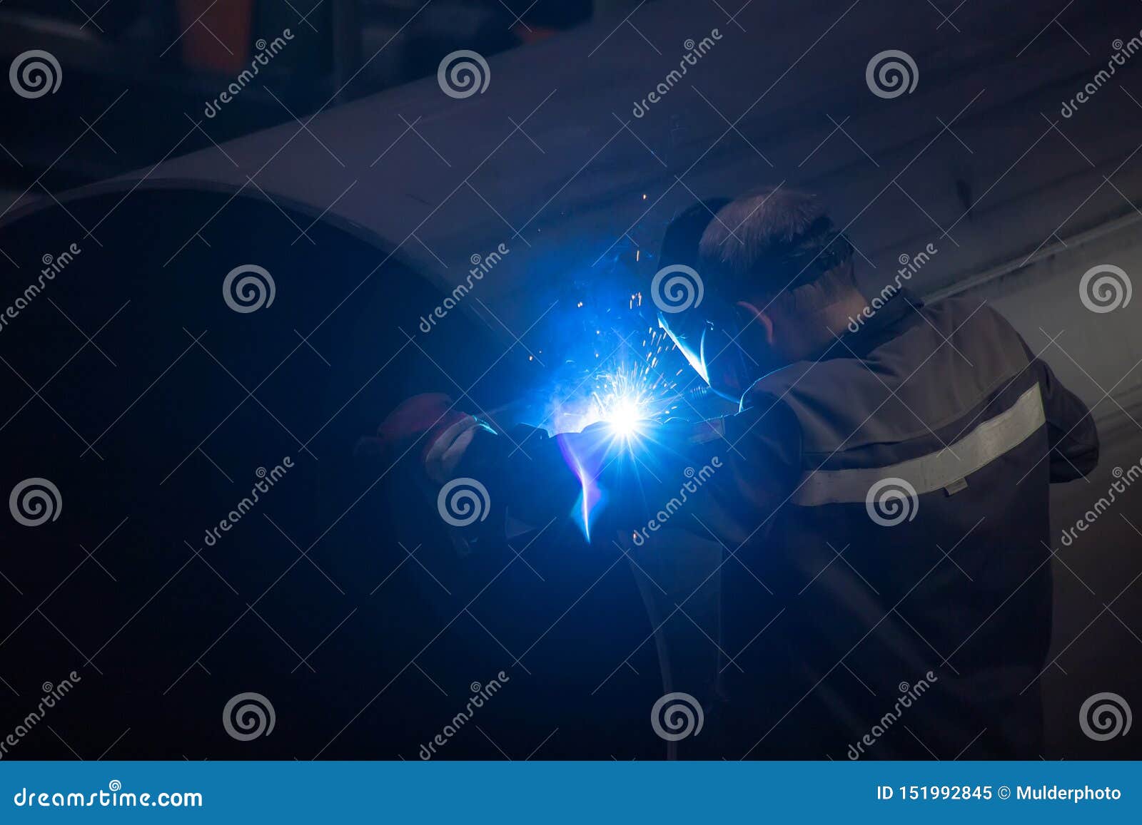 Worker in Protective Mask Welding Pipe in Factory Stock Image - Image ...