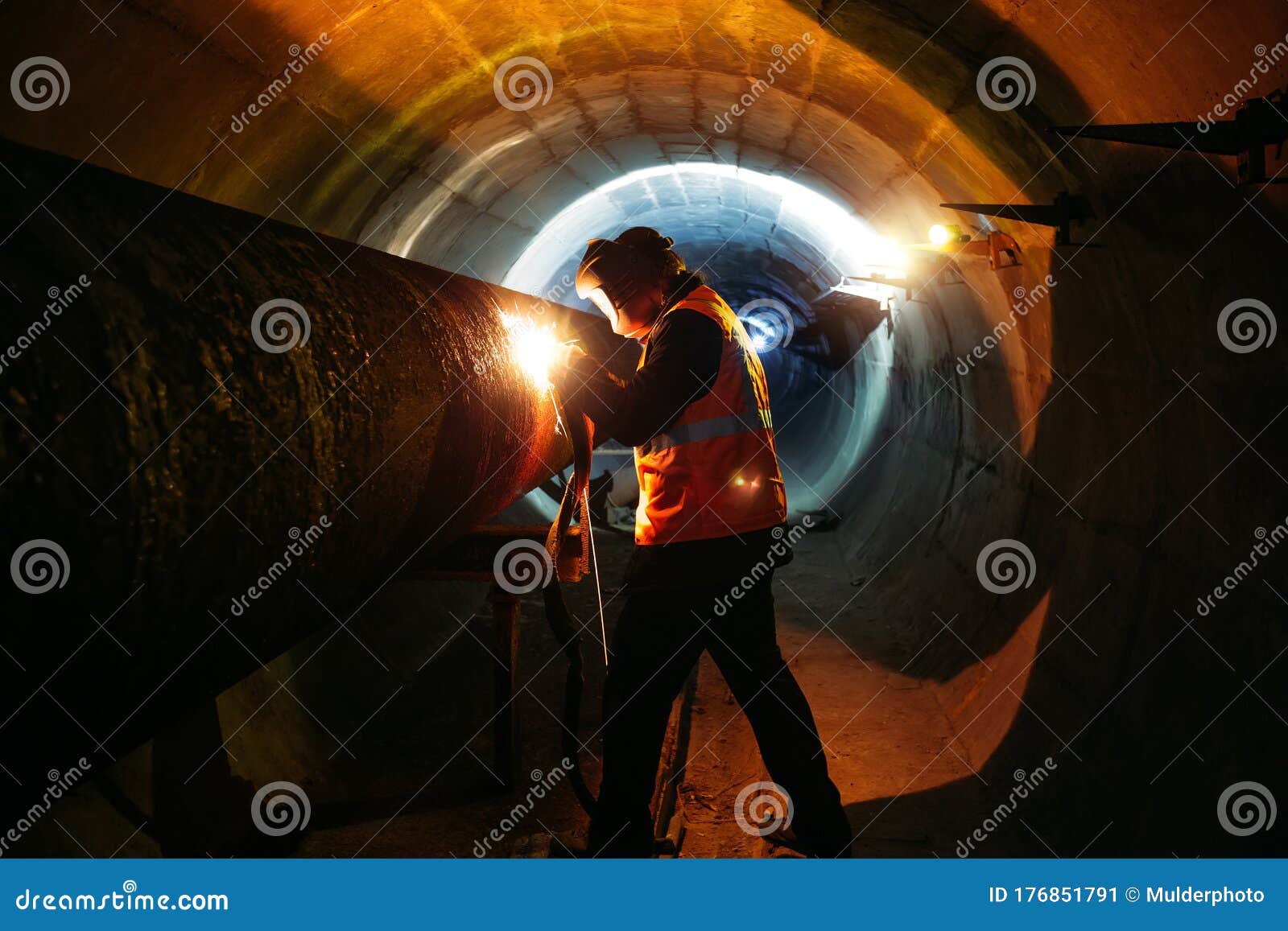 Worker in Protective Mask Welding Pipe in Tunnel Editorial Photo ...