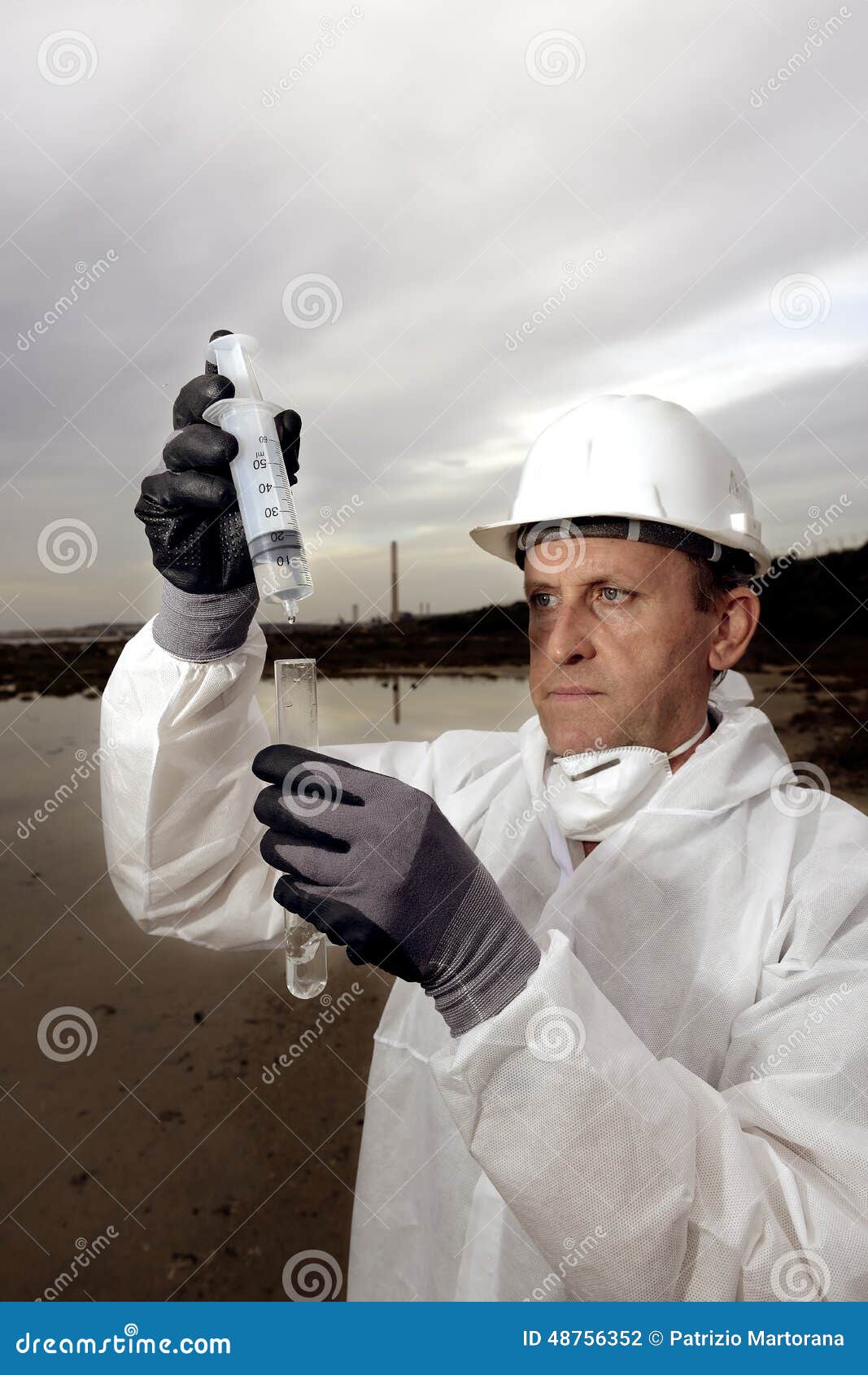 Worker in a Protective Suit Examining Pollution. Stock Photo - Image of ...