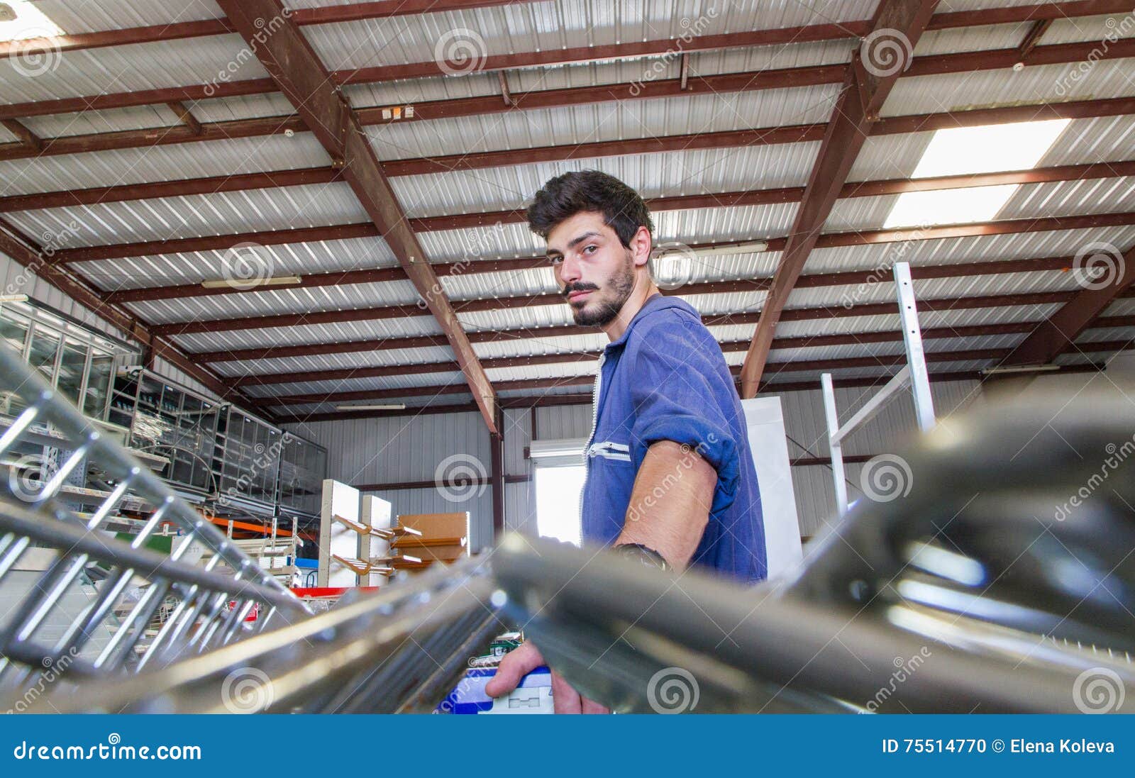 Worker Pulling Cart in Warehouse Stock Photo - Image of metal ...