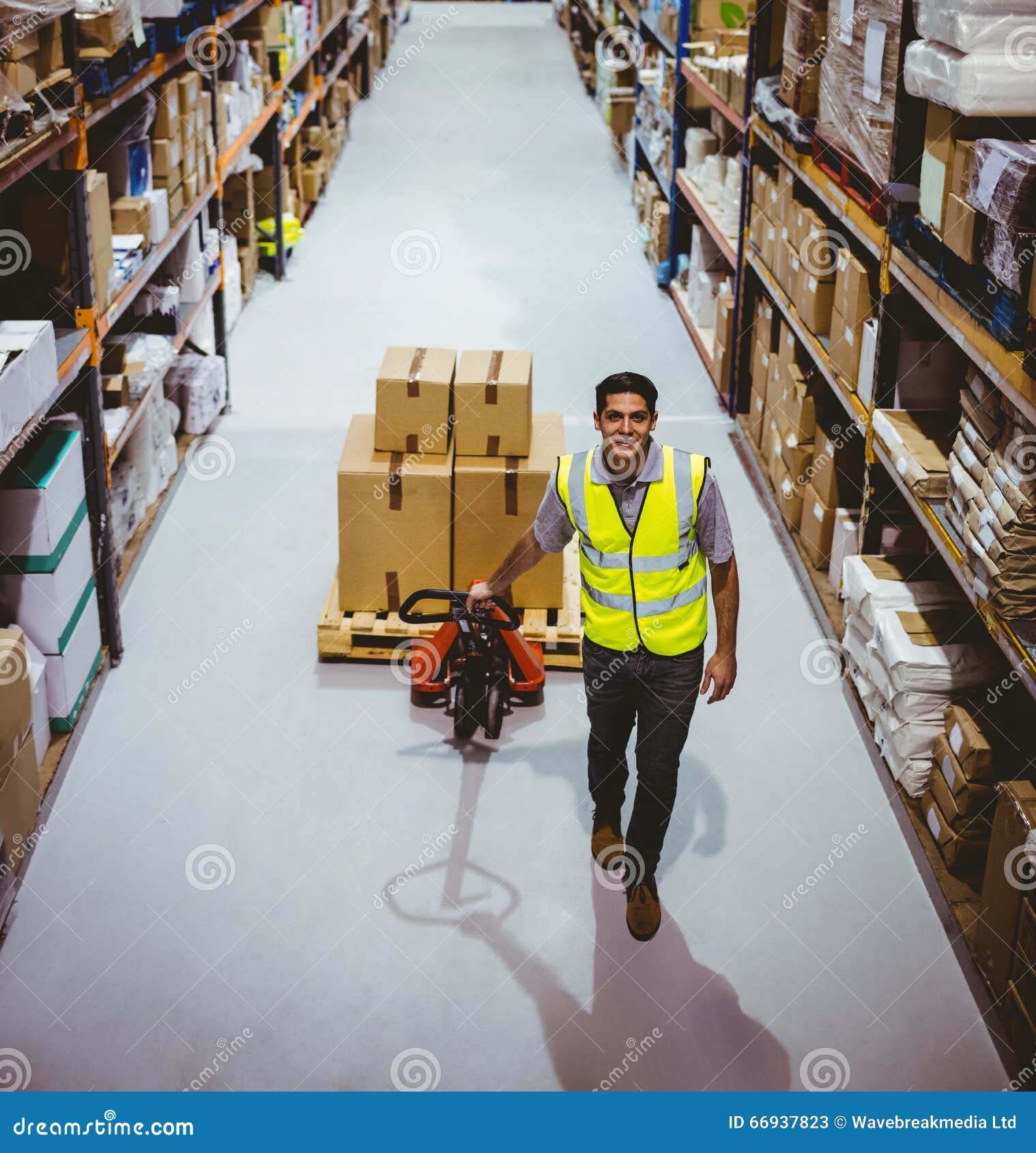 Worker Pulling Trolley with Boxes Stock Image - Image of caucasian ...
