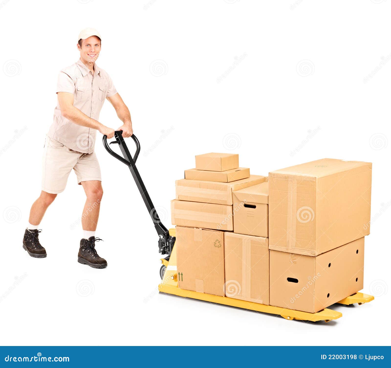 Worker Pushing A Fork Pallet Truck Stock Photo - Image of smiling, male ...