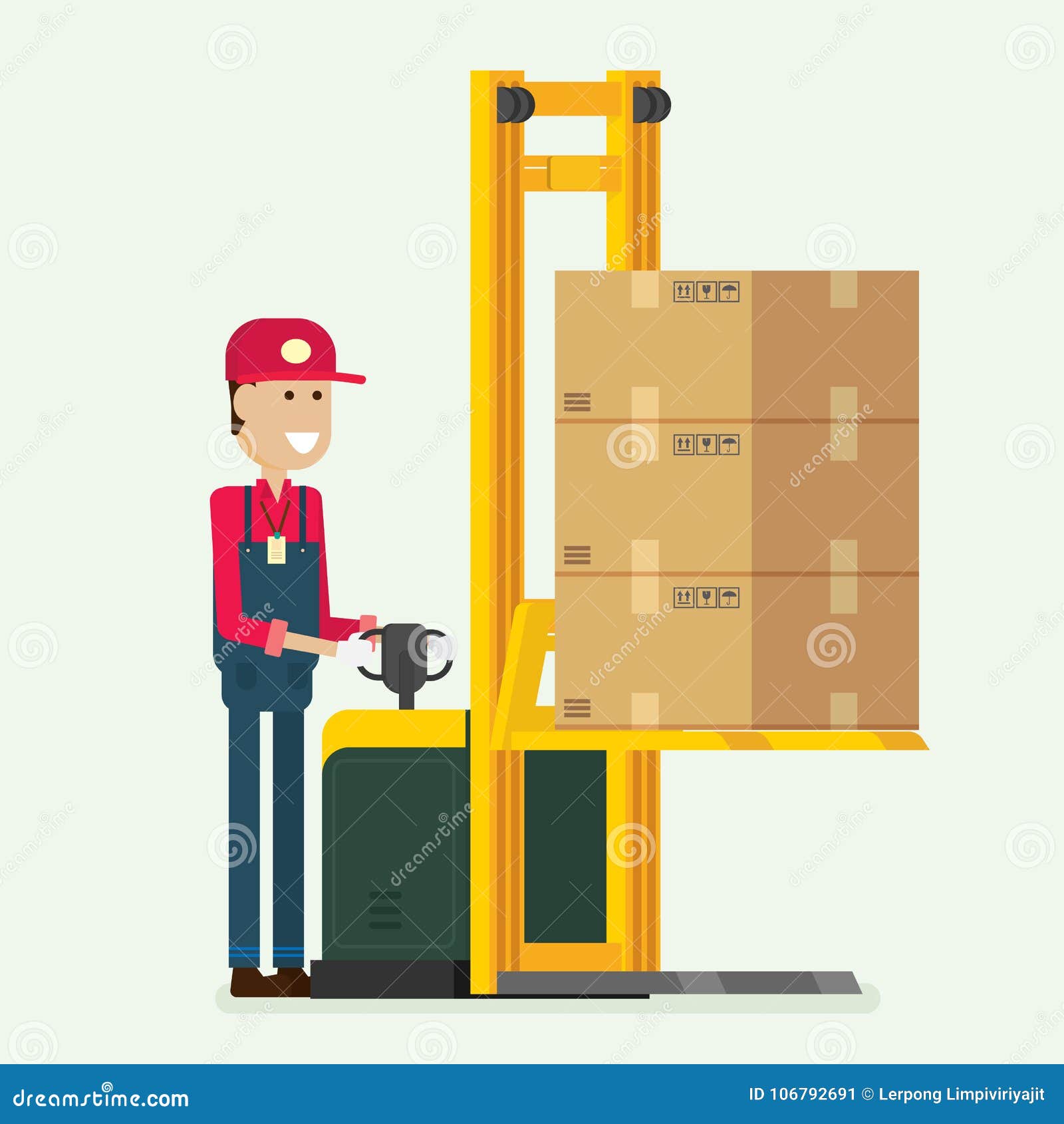 Worker Pushing a Fork Pallet Truck Stacker with Boxes on Pallet. Stock ...
