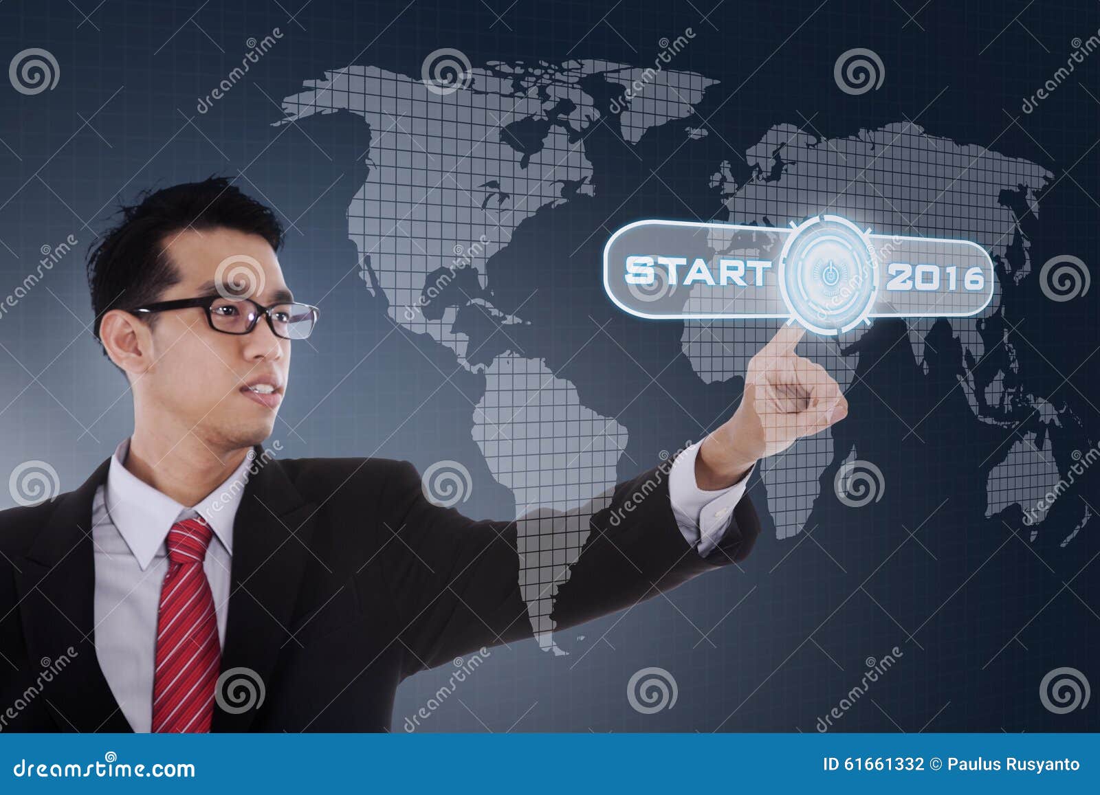 Worker Pushing Start Button with Numbers 2016 Stock Photo - Image of ...