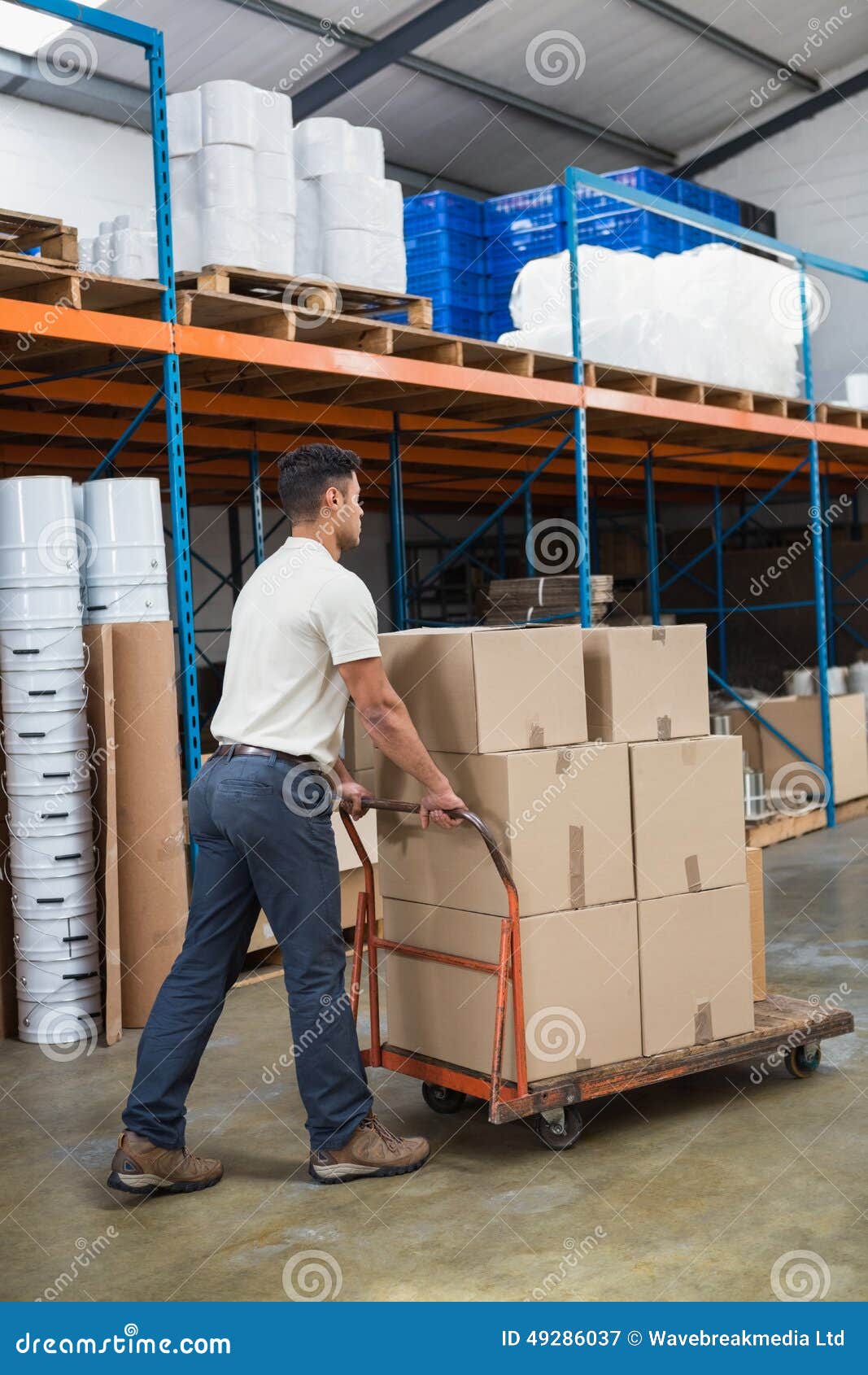 Worker Pushing Trolley with Boxes Stock Image - Image of storehouse ...
