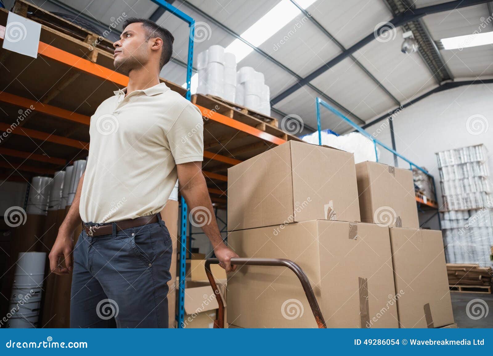 Worker Pushing Trolley with Boxes Stock Photo - Image of goods, adult ...