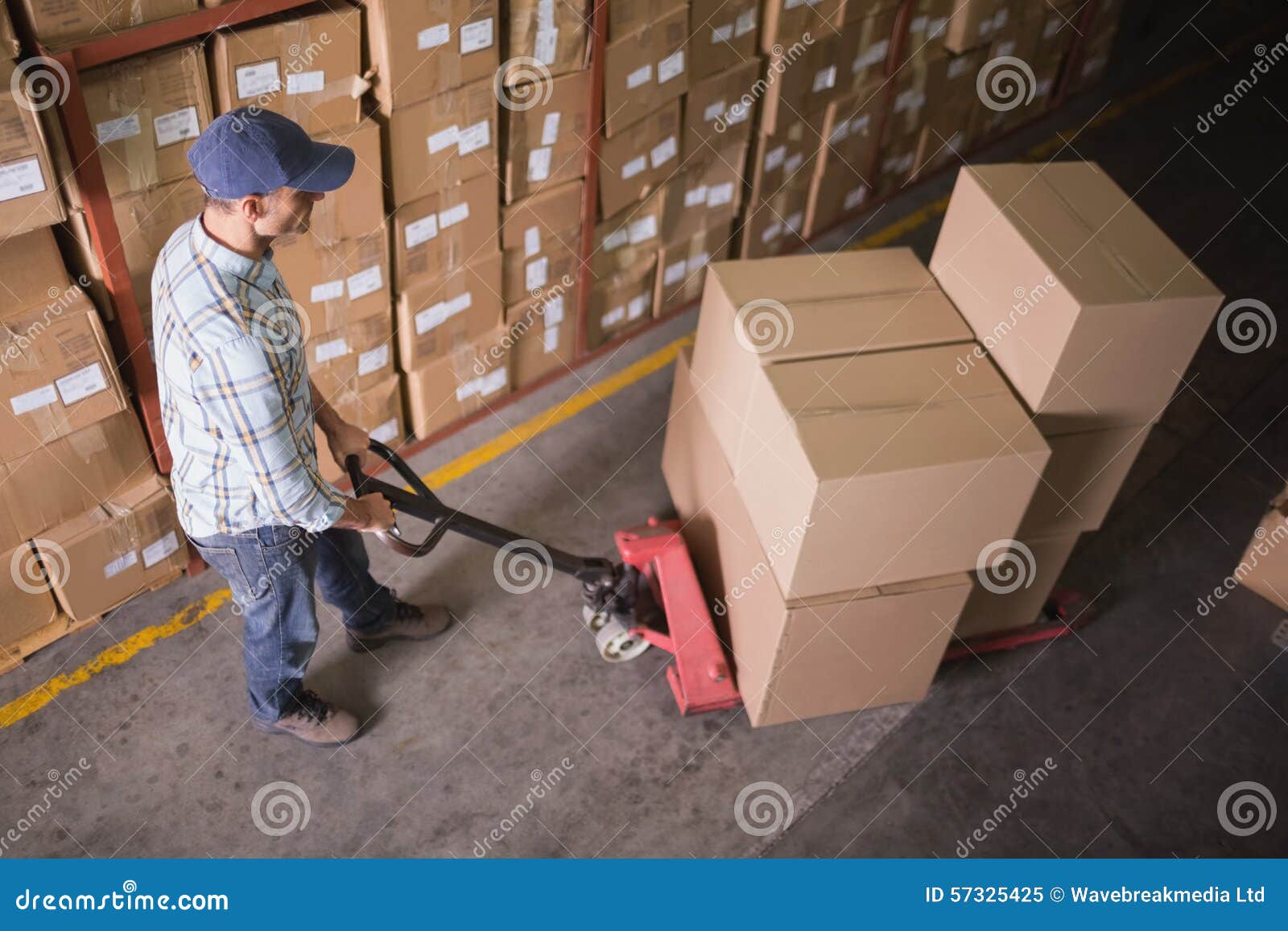 Worker Pushing Trolley with Boxes in Warehouse Stock Image - Image of ...