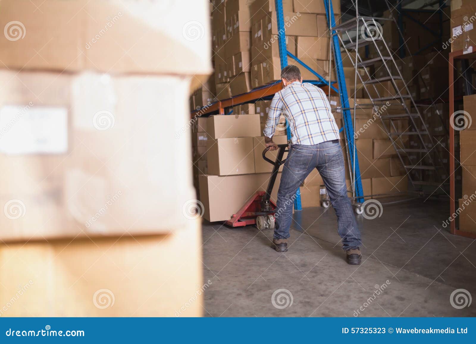 Worker Pushing Trolley with Boxes in Warehouse Stock Image - Image of ...