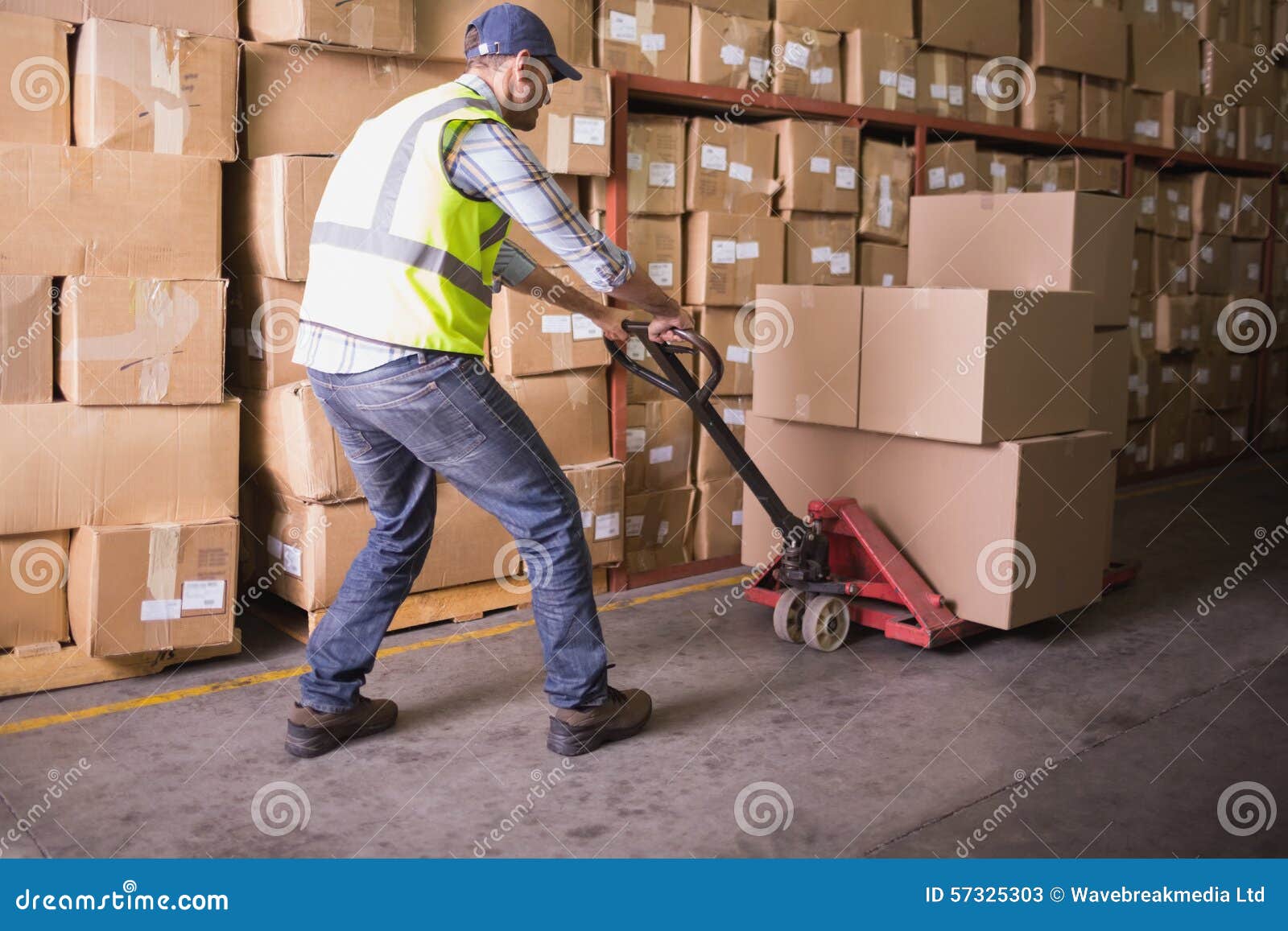 Worker Pushing Trolley with Boxes in Warehouse Stock Image - Image of ...