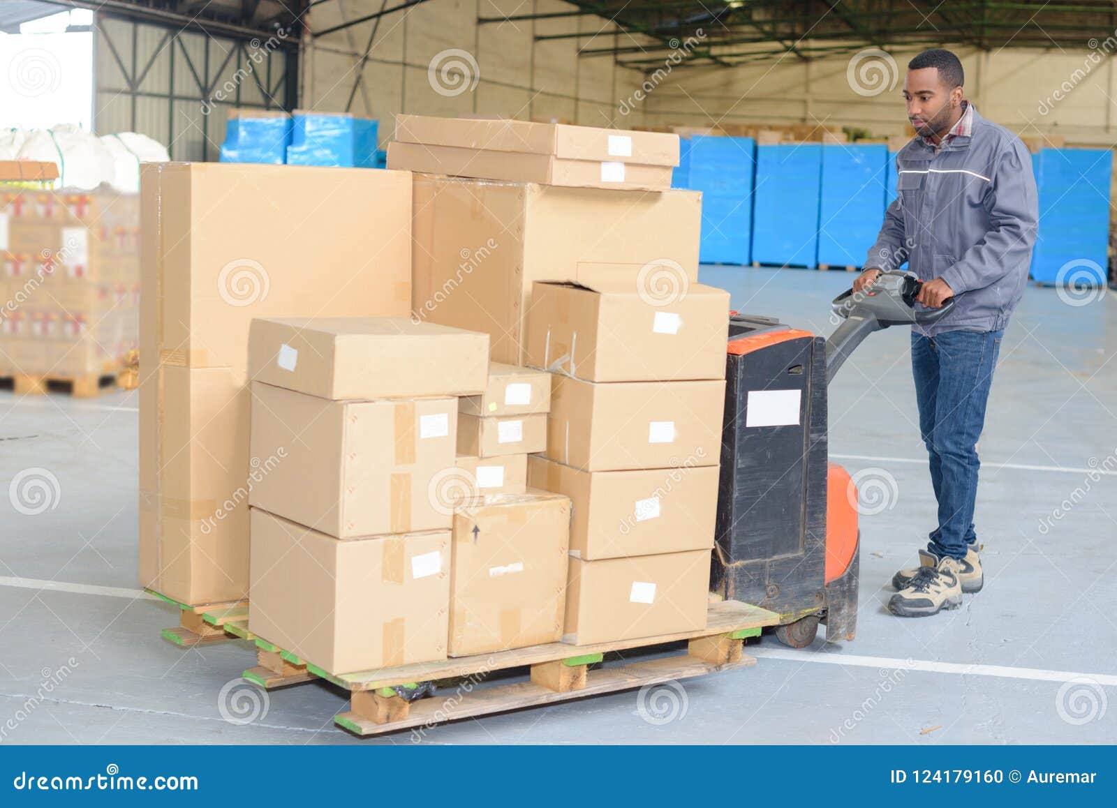 Worker Pushing Trolley with Boxes in Warehouse Stock Photo - Image of ...